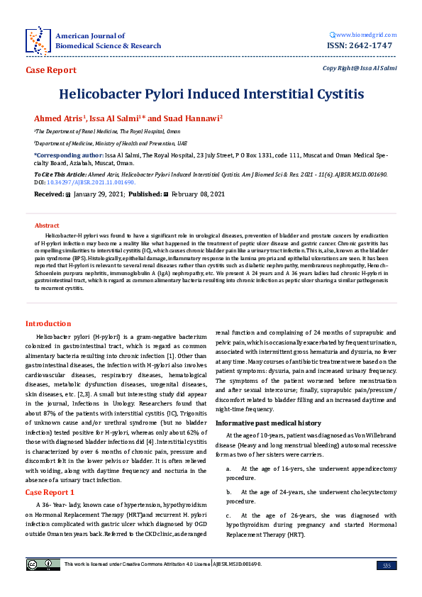 (PDF) Helicobacter Pylori Induced Interstitial Cystitis