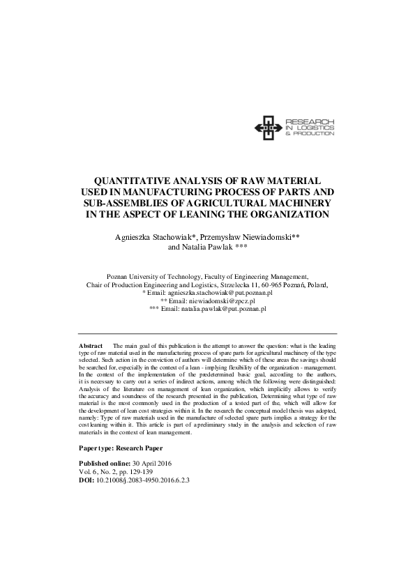 (PDF) Quantitative analysis of raw material used in manufacturing process of parts and sub ...