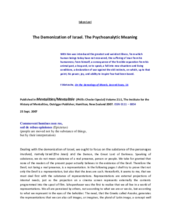 (PDF) The Demonization of Israel. The Psychoanalytic Meaning