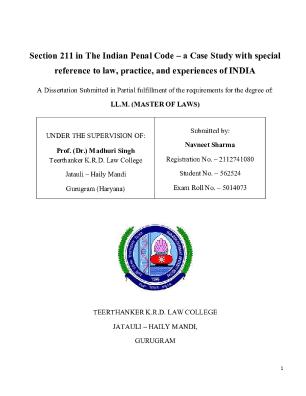 (PDF) Section 211 in The Indian Penal Code – a Case Study with special reference to law ...