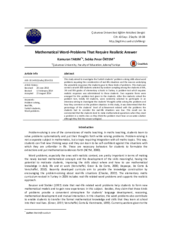 (PDF) Mathematical Word-Problems That Require Realistic Answer