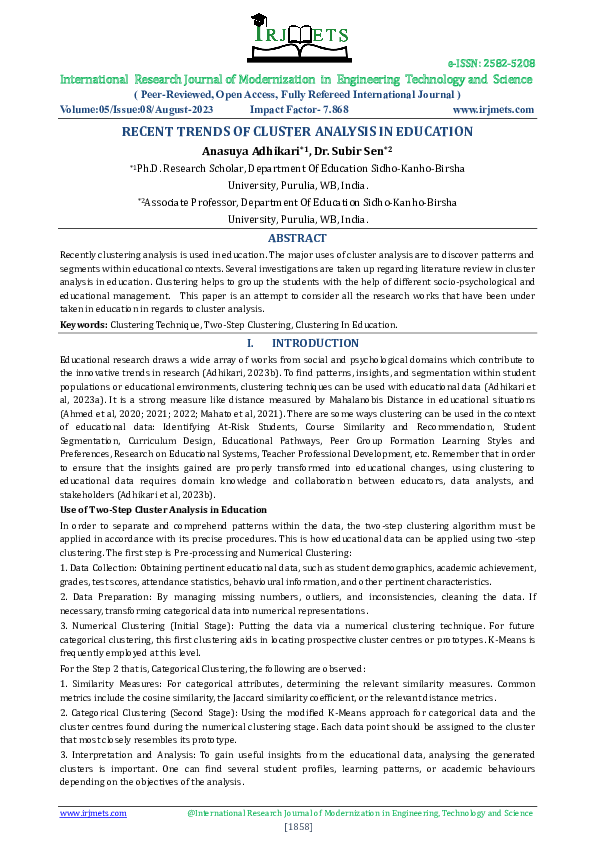 (PDF) RECENT TRENDS OF CLUSTER ANALYSIS IN EDUCATION