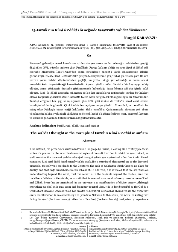 (PDF) The wahdat thought in the example of Fuzuli’s Rind u Zahid in sufism