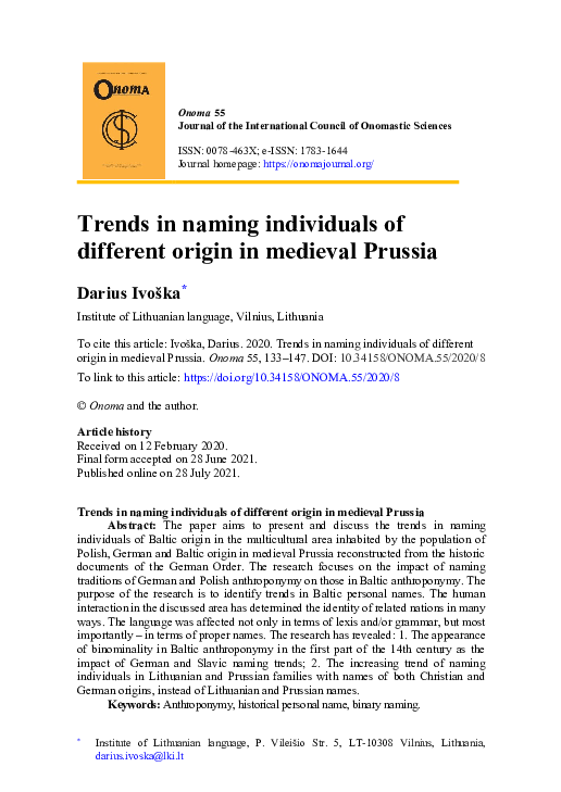 (PDF) Trends in naming individuals of different origin in medieval Prussia