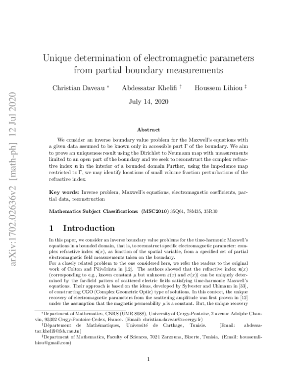 (PDF) Unique determination of electromagnetic parameters from partial boundary measurements