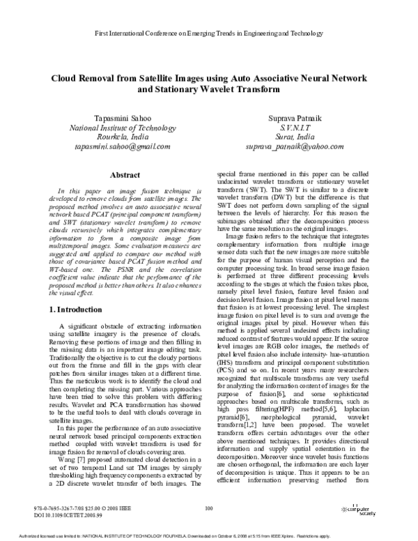 Pdf Cloud Removal From Satellite Images Using Auto Associative Neural Network And Stationary 4506