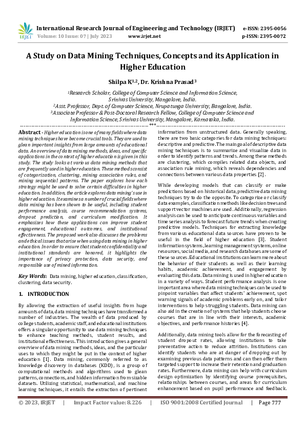 (PDF) A Study on Data Mining Techniques, Concepts and its Application in Higher Education