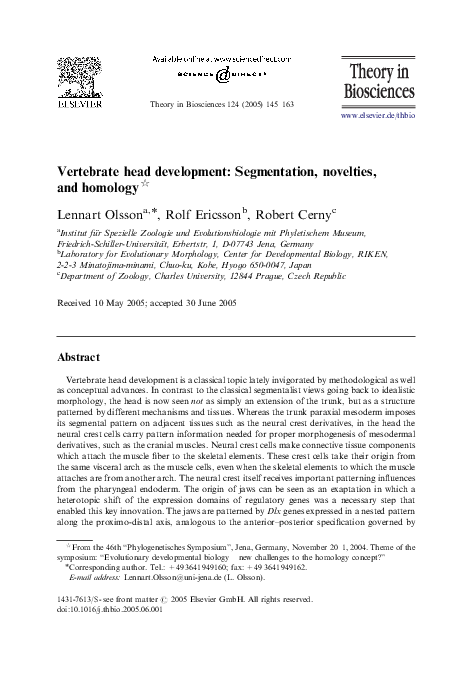 (PDF) Vertebrate head development: Segmentation, novelties, and homology