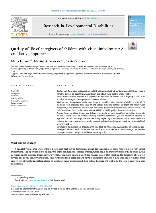 (PDF) Quality of life of caregivers of children with visual impairment: A qualitative approach