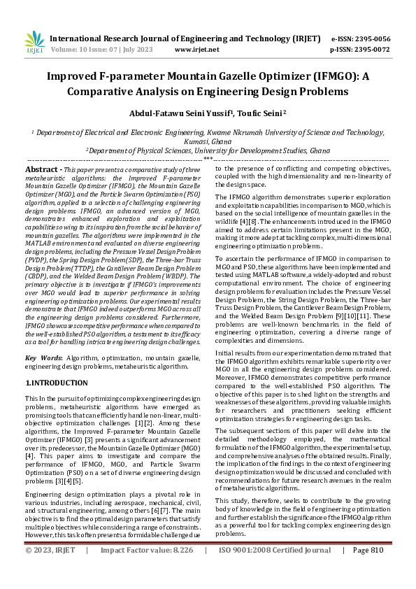 (PDF) Improved F-parameter Mountain Gazelle Optimizer (IFMGO): A Comparative Analysis on ...