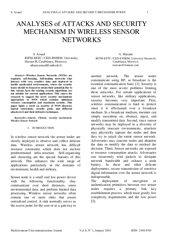 (PDF) ANALYSES of ATTACKS AND SECURITY MECHANISM IN WIRELESS SENSOR NETWORKS