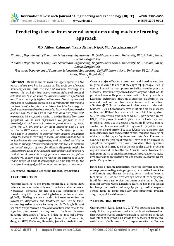 (PDF) Predicting disease from several symptoms using machine learning ...