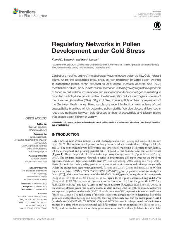 (PDF) Regulatory Networks in Pollen Development under Cold Stress