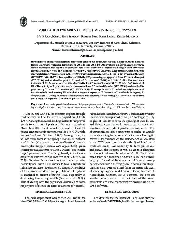 Pdf Population Dynamics Of Insect Pests In Rice Ecosystem