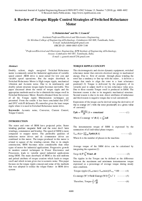 Pdf A Review Of Torque Ripple Control Strategies Of Switched Reluctance Motor