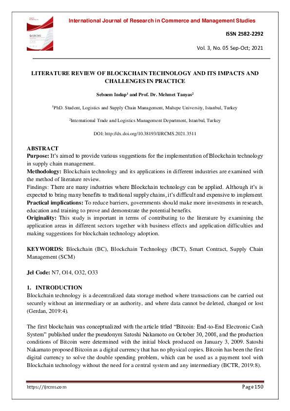 Pdf Literature Review Of Blockchain Technology And Its Impacts And Challenges In Practice