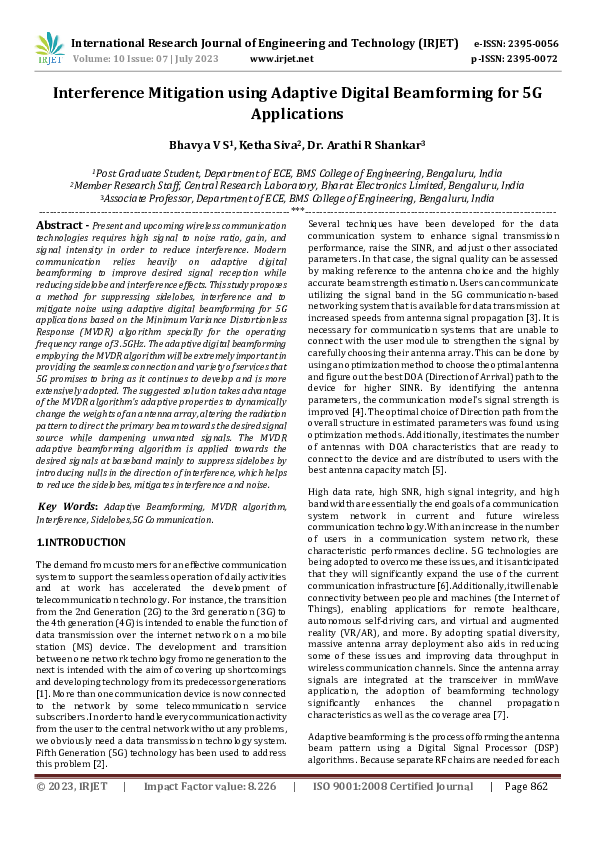 Pdf Interference Mitigation Using Adaptive Digital Beamforming For 5g Applications