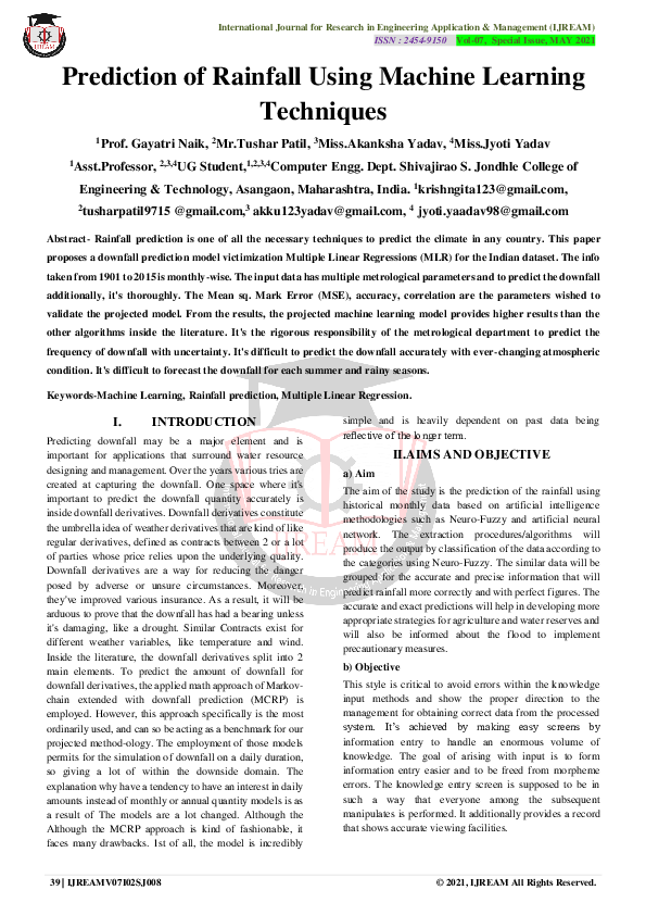 (PDF) Prediction of Rainfall Using Machine Learning Techniques
