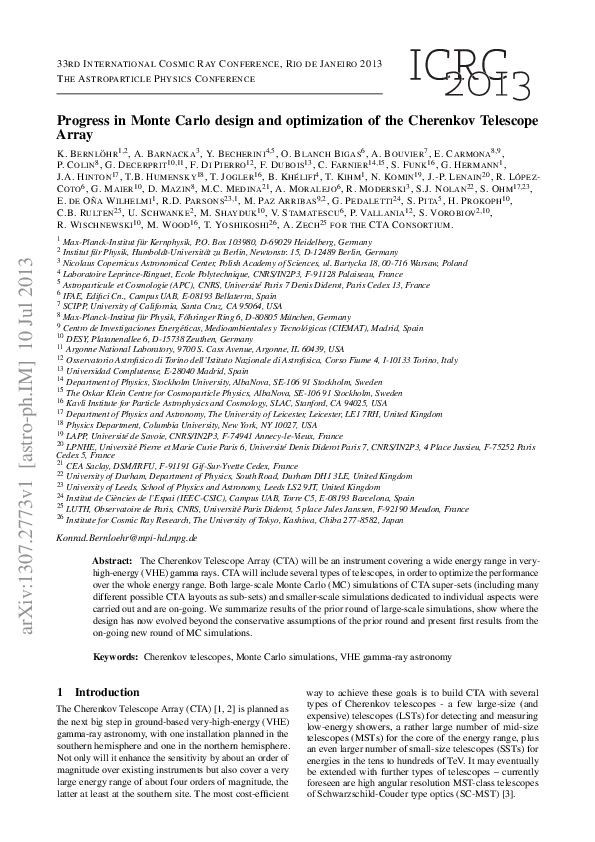 (PDF) Progress in Monte Carlo design and optimization of the Cherenkov Telescope Array