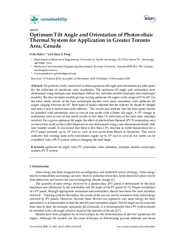 (PDF) Optimum Tilt Angle and Orientation of Photovoltaic Thermal System ...