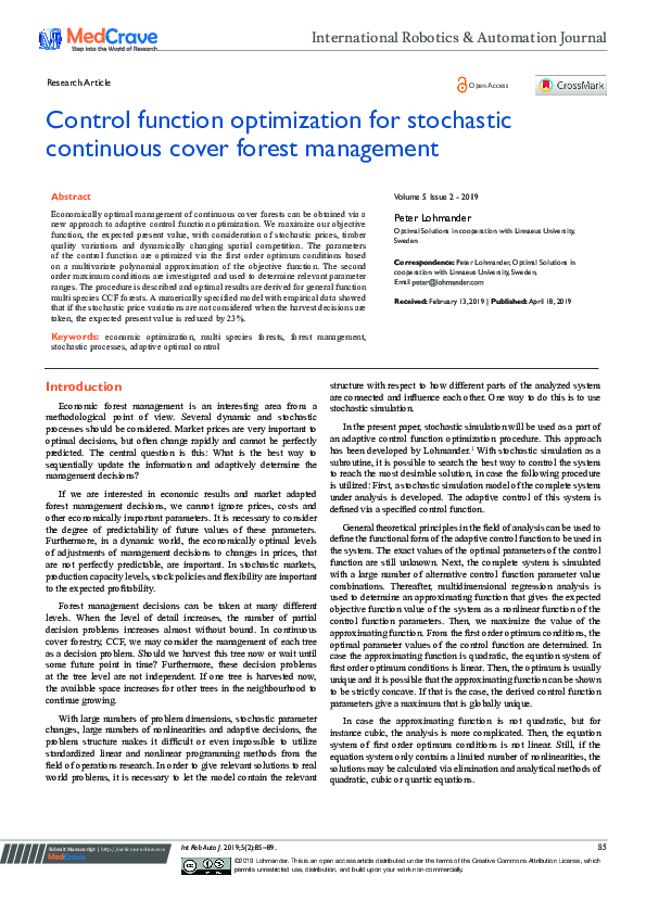 Pdf Control Function Optimization For Stochastic Continuous Cover