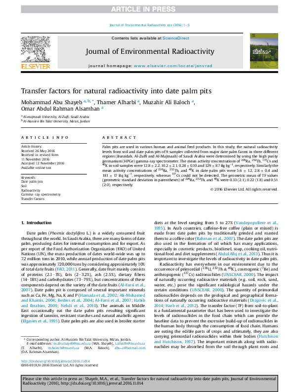 (PDF) Transfer factors for natural radioactivity into date palm pits
