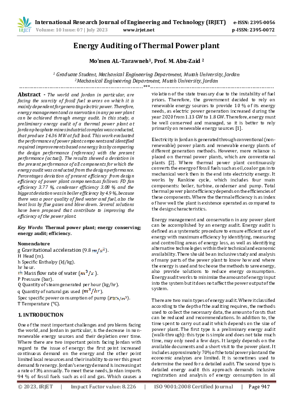 (PDF) Energy Auditing of Thermal Power plant