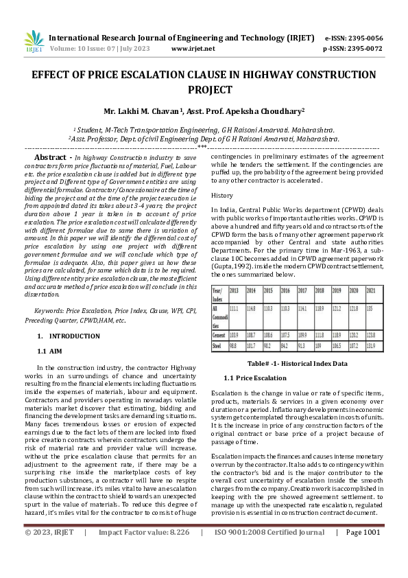 (PDF) EFFECT OF PRICE ESCALATION CLAUSE IN HIGHWAY CONSTRUCTION PROJECT