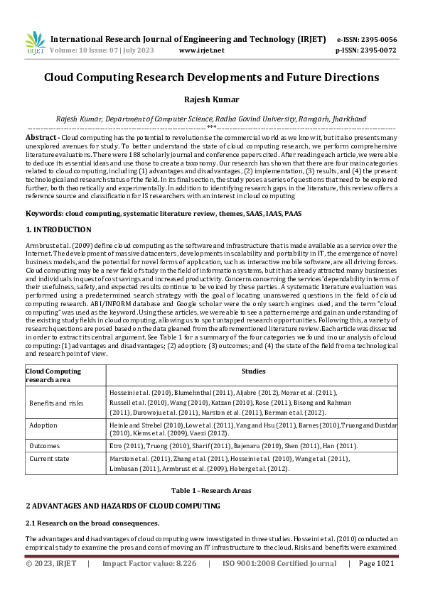 (PDF) Cloud Computing Research Developments and Future Directions