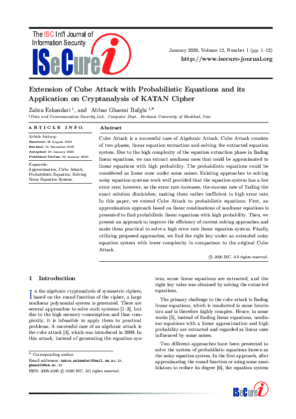 (PDF) Extension of Cube Attack with Probabilistic Equations and its Application on Cryptanalysis ...