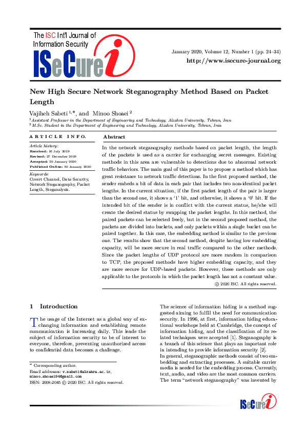 (PDF) New High Secure Network Steganography Method Based on Packet Length