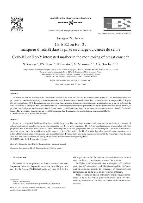 (PDF) Cerb-B2 ou Her-2 : marqueur d'intérêt dans la prise en charge du ...