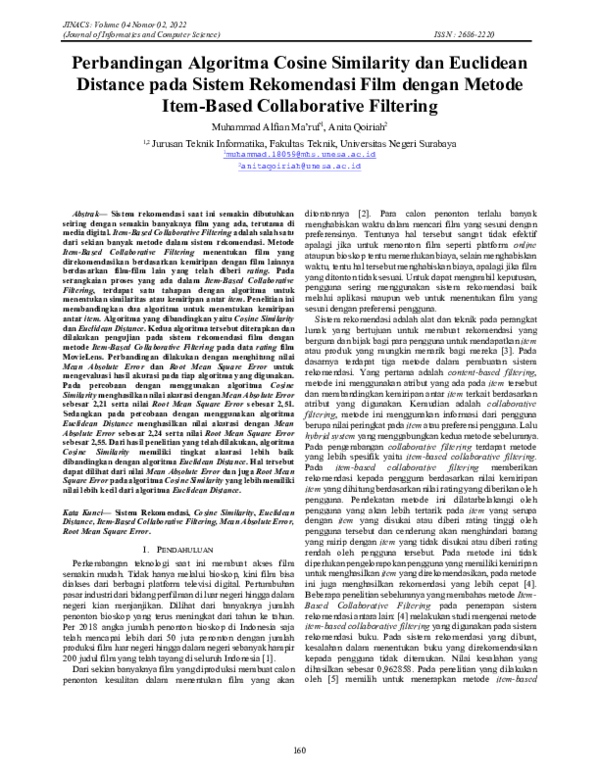 Pdf Perbandingan Algoritma Cosine Similarity Dan Euclidean Distance Pada Sistem Rekomendasi