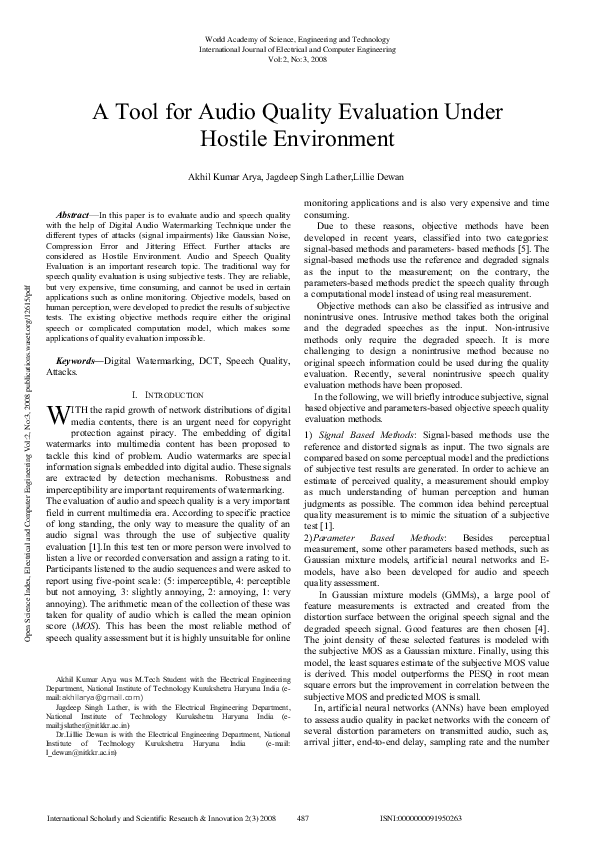 (PDF) A Tool For Audio Quality Evaluation Under Hostile Environment