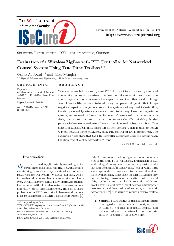 Pdf Evaluation Of A Wireless Zigbee With Pid Controller For Networked Control System Using