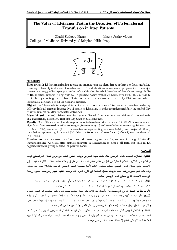 (PDF) The Value of Kleihauer Test in the Detection of Fœtomaternal ...