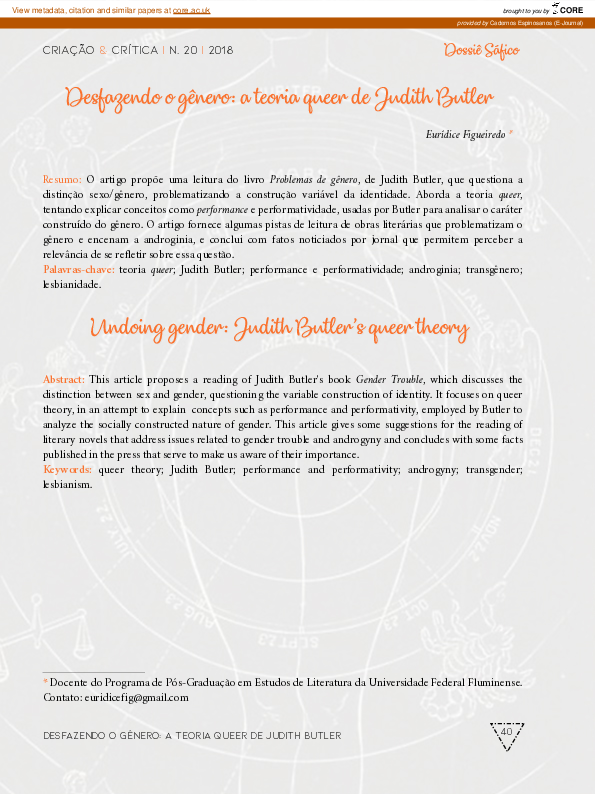(PDF) Undoing gender: Judith Butler's queer theory