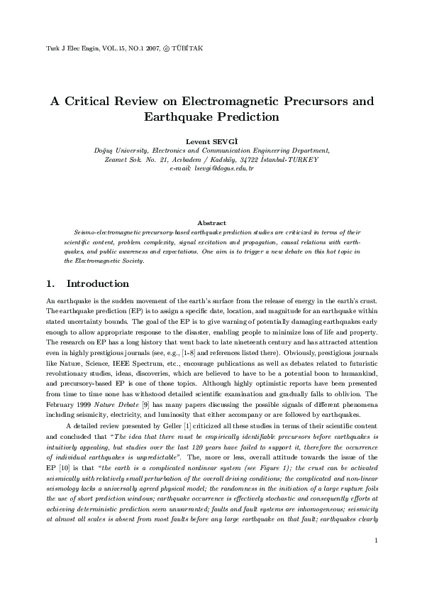 (PDF) A Critical Review on Electromagnetic Precursors and Earthquake Prediction