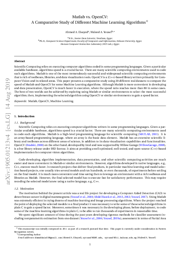 (PDF) Matlab vs. OpenCV: A Comparative Study of Different Machine Learning Algorithms