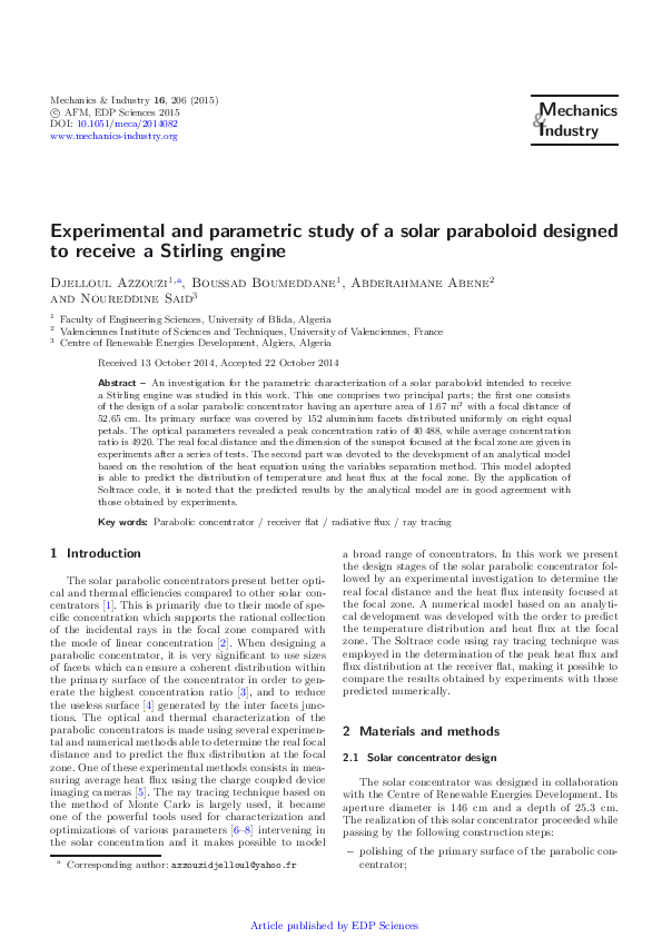 (PDF) Experimental and parametric study of a solar paraboloid designed ...