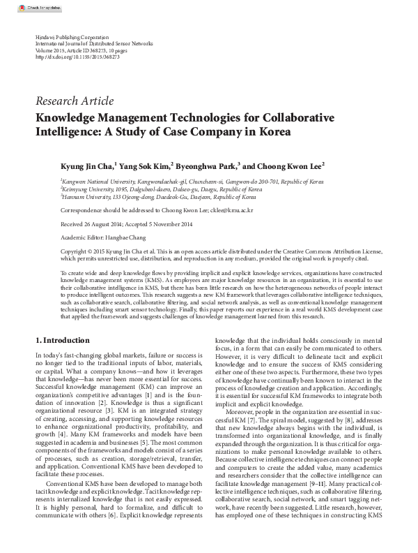 (PDF) Knowledge Management Technologies for Collaborative Intelligence: A Study of Case Company ...