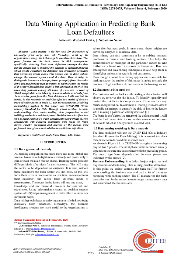 (PDF) Data Mining Application in Predicting Bank Loan Defaulters | Sebastian Nixon - Academia.edu