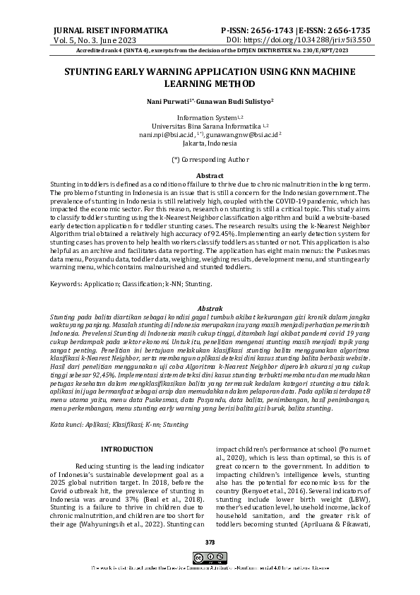 (PDF) Stunting Early Warning Application Using KNN Machine Learning Method