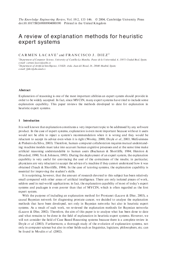 (PDF) A review of explanation methods for heuristic expert systems