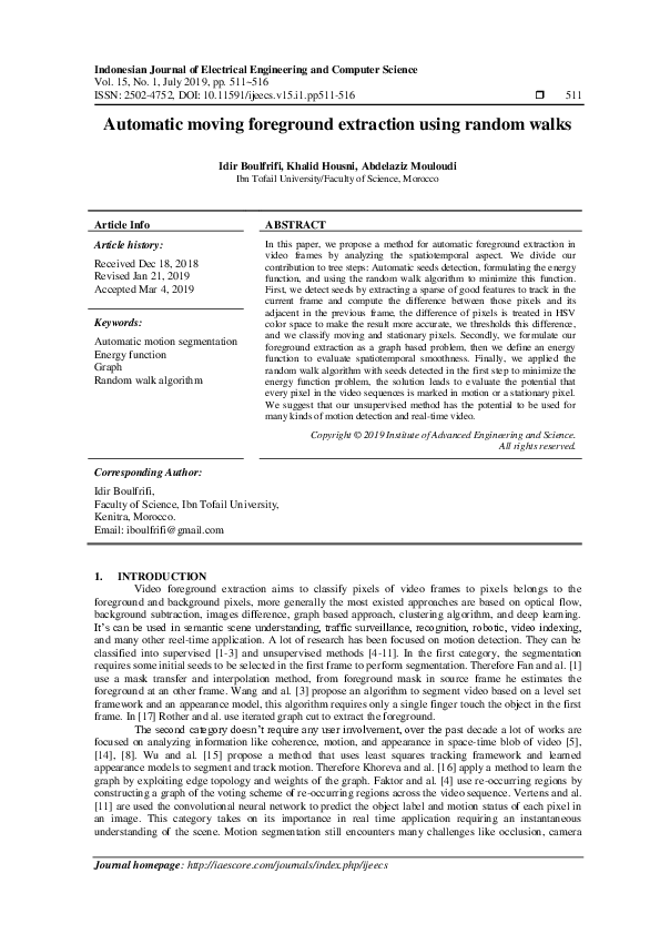 (PDF) Automatic moving foreground extraction using random walks | Khalid Housni - Academia.edu