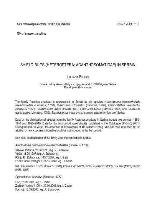 (PDF) Shield Bugs (Heteroptera: Acanthosomatidae) in Serbia