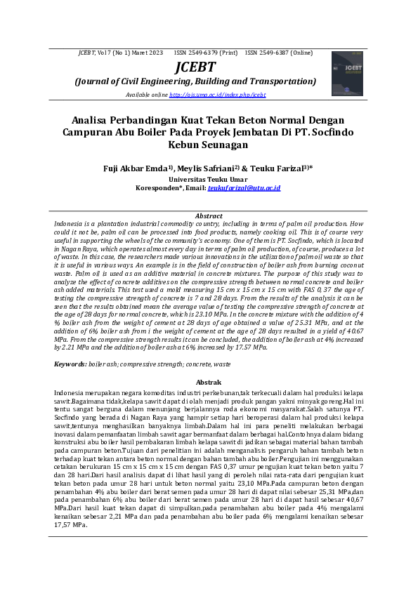 (PDF) Analisa Perbandingan Kuat Tekan Beton Normal dengan Campuran Abu ...