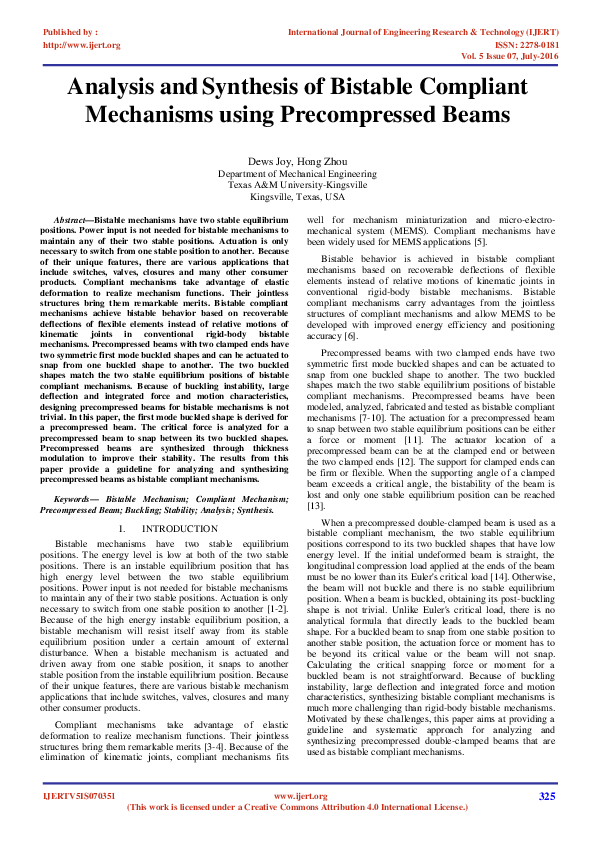 (PDF) Analysis and Synthesis of Bistable Compliant Mechanisms using Precompressed Beams