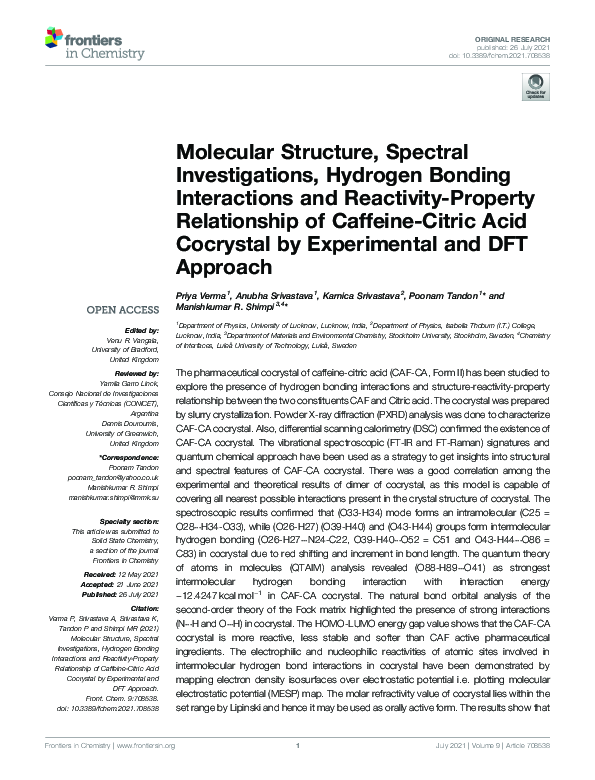 (PDF) Molecular Structure, Spectral Investigations, Hydrogen Bonding Interactions and Reactivity ...