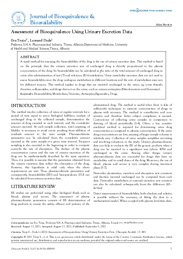 (PDF) Assessment of Bioequivalence Using Urinary Excretion Data